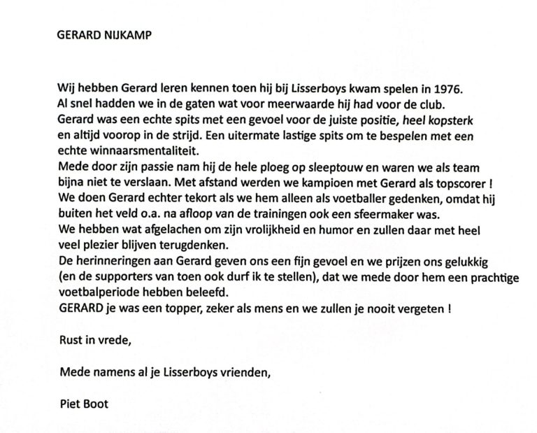 Bericht van overlijden: Gerard Nijkamp - FC Lisse